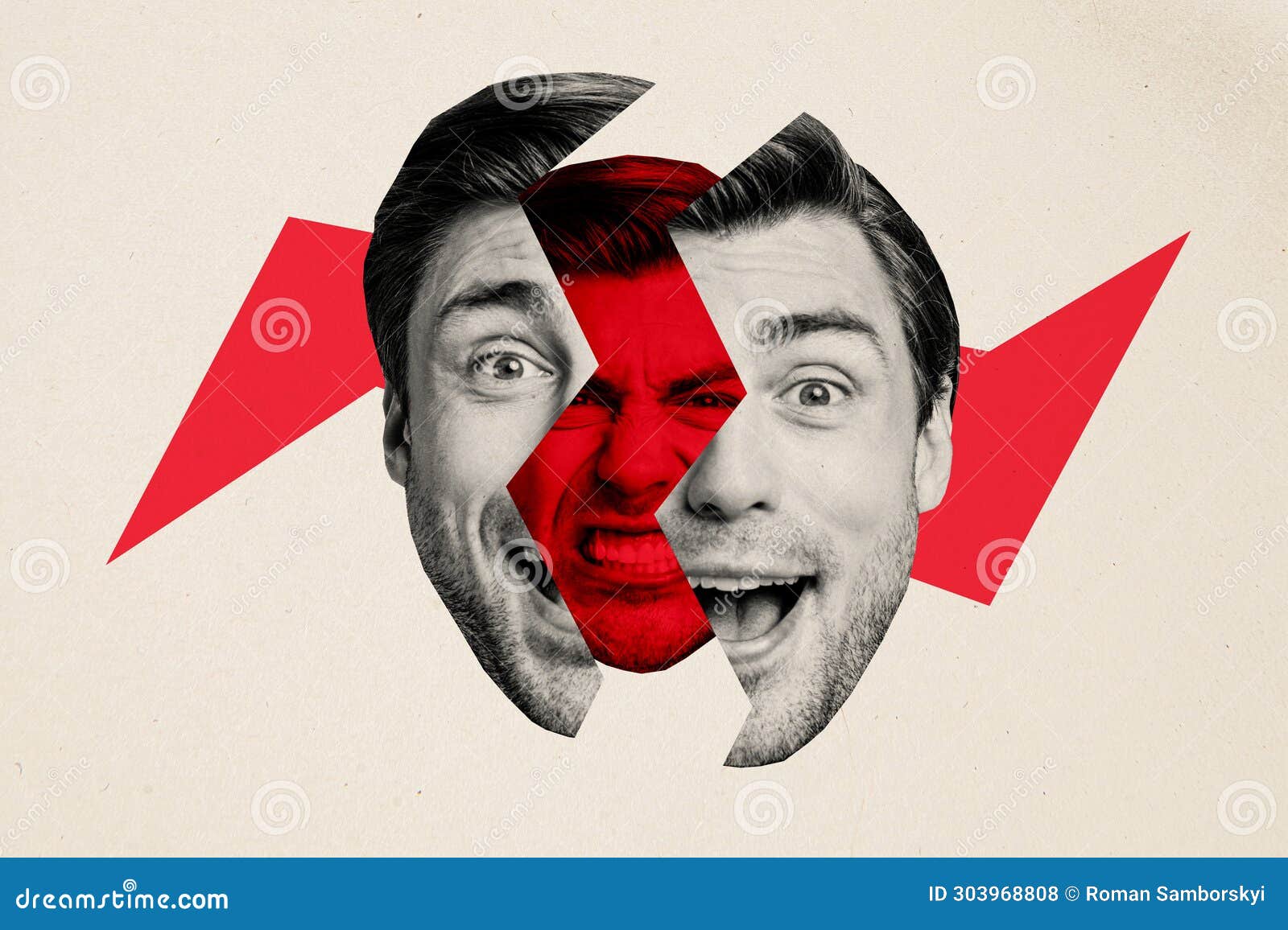 Creative Collage of Young Funny Guy Has Mental Problems Different ...