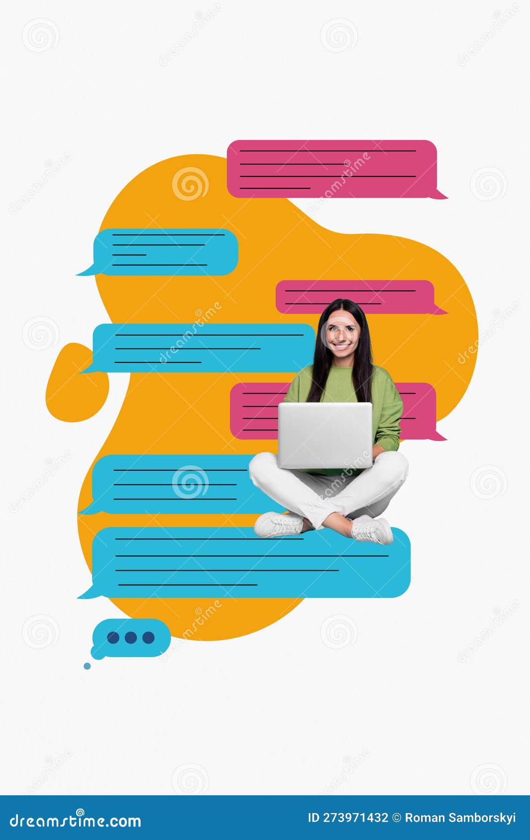 Creative Collage of Young Girl Interested Using Laptop Chatting with ...