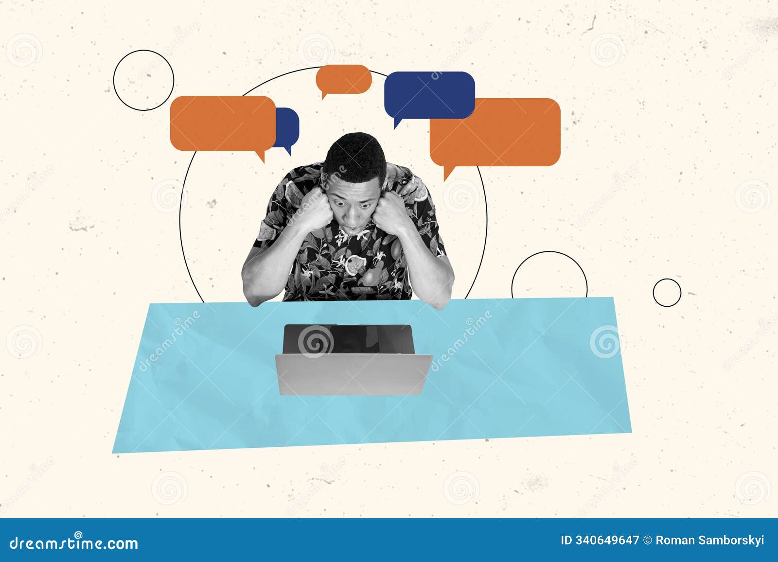 Creative Collage Young Man Clueless Sitting Workspace Computer Laptop ...