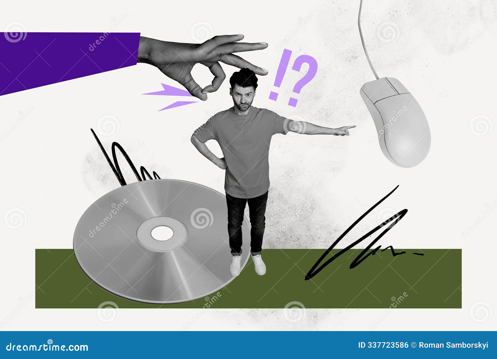 Creative Collage Young Man Computer Pc Equipment Device Mouse Cd Disk ...