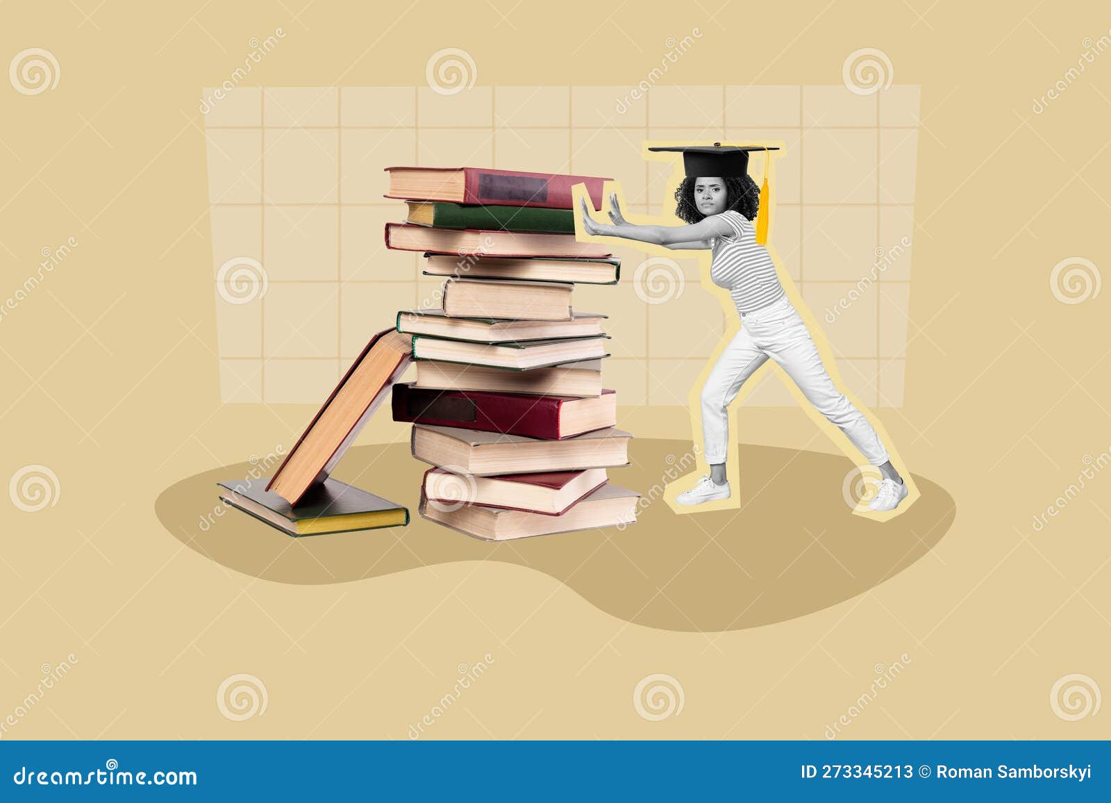 Creative Collage of Young Student Female Pushing Big Book Stack Working ...