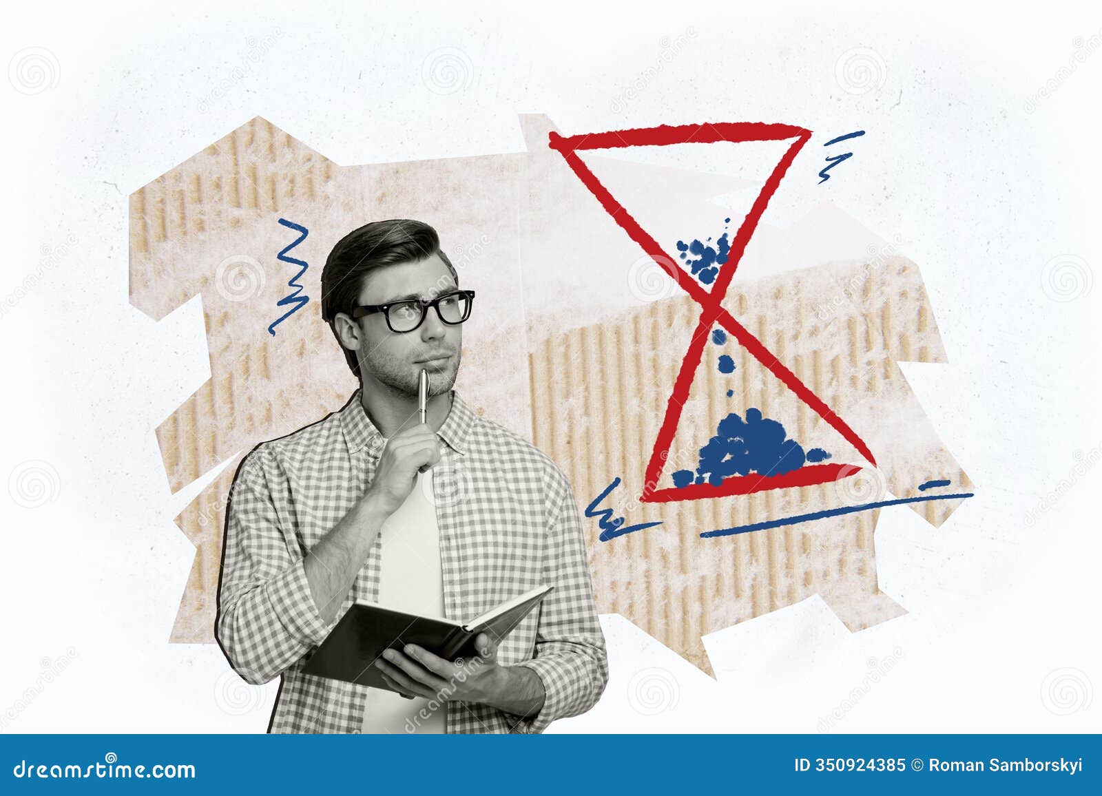 Creative Collage Young Thoughtful Man Decide Unsure Doubts Sandwatch ...