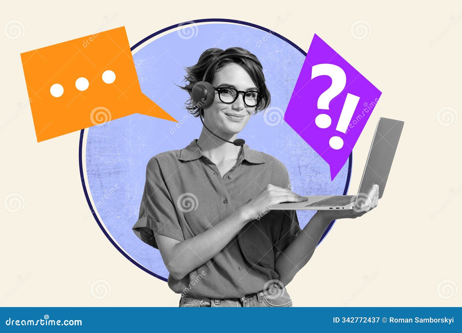 Creative Collage Young Woman Specialist Laptop Browsing Customer ...