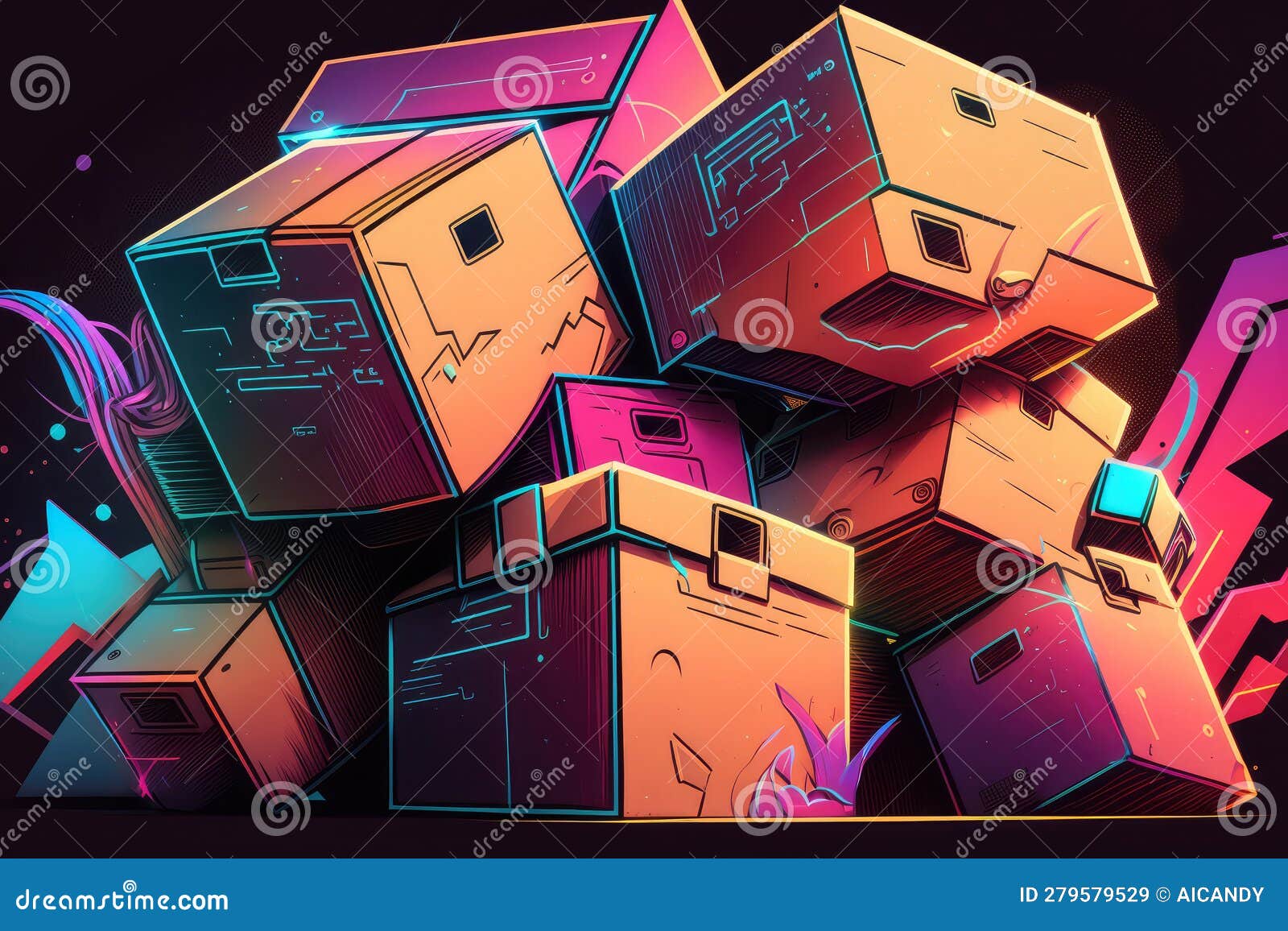 Creative and Colorful Illustration of a Stack of Cardboard Boxes with ...