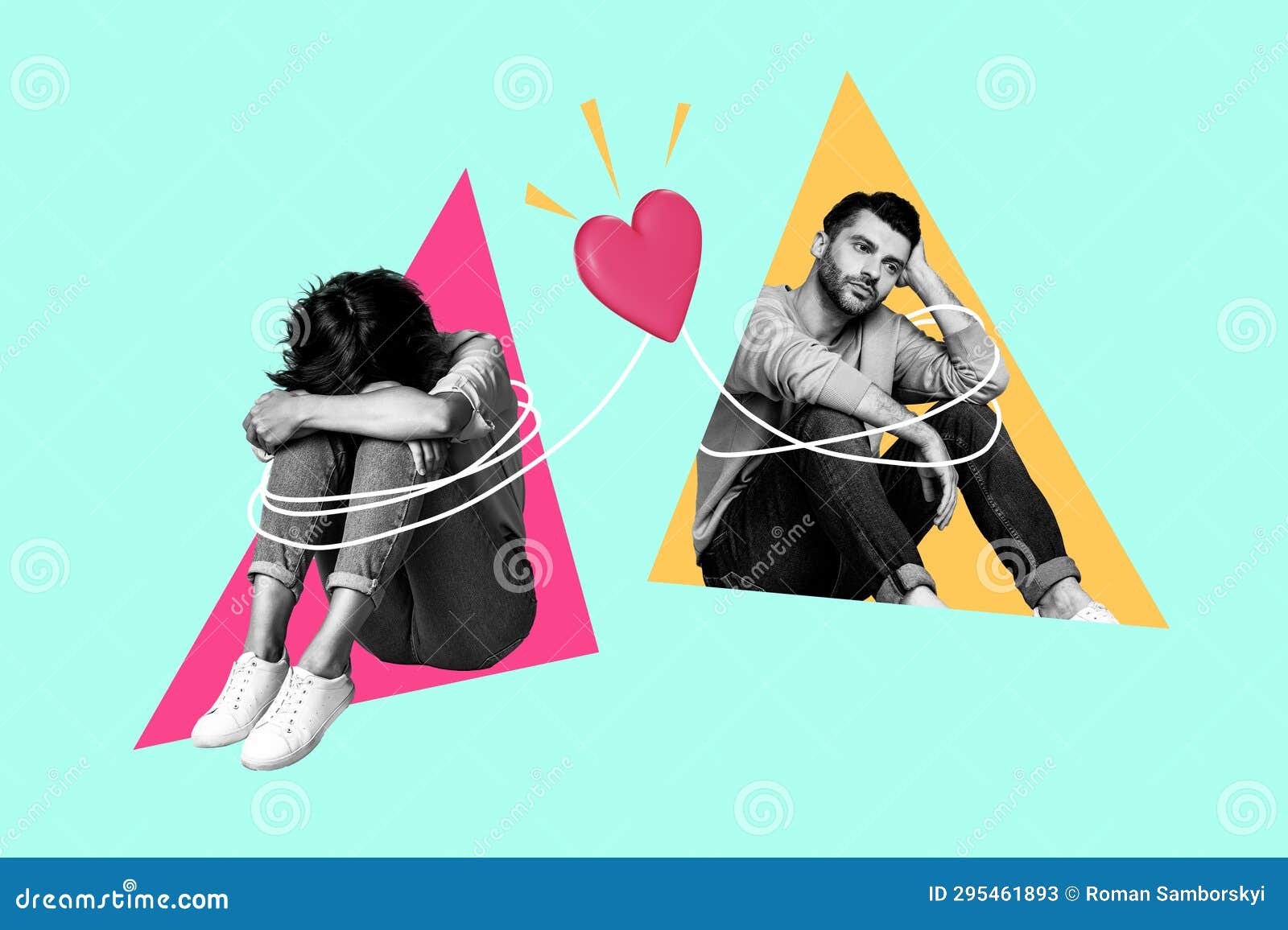 Creative Composite Photo Collage Of Upset Couple Sit In Triangle Think ...