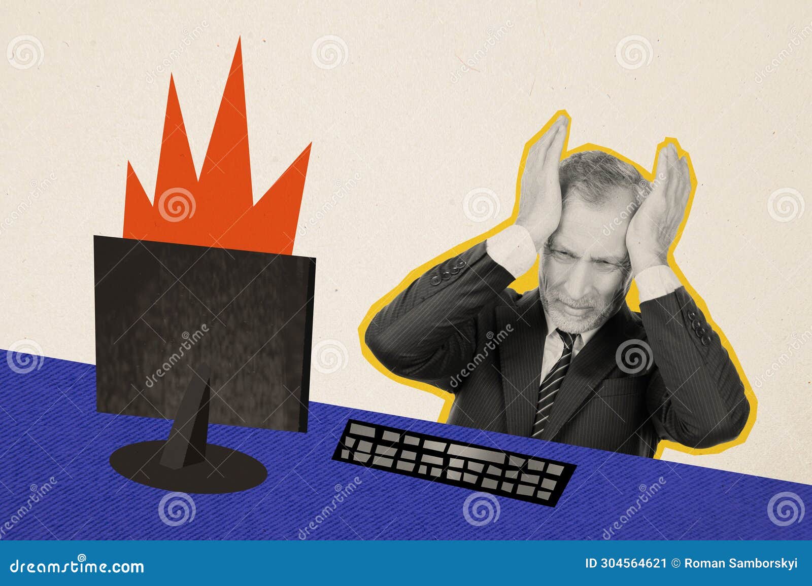 Creative Composite Sketch Photo Collage of Elderly Man Sit at Office ...