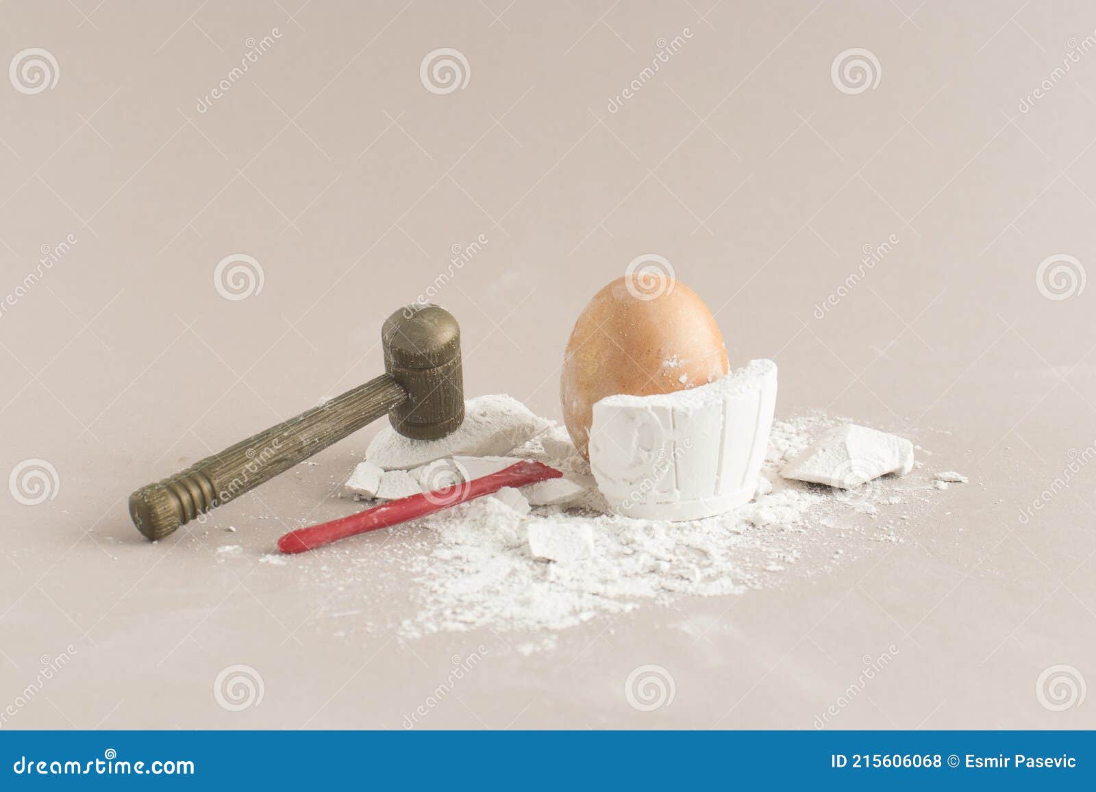 Creative Composition with Easter Golden Egg, Hammer, Nail and Old ...