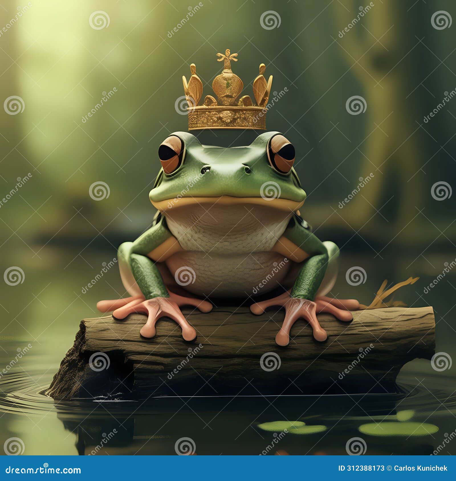 A Creative Composition of a Frog Wearing a Crown Sitting on a Log in a ...