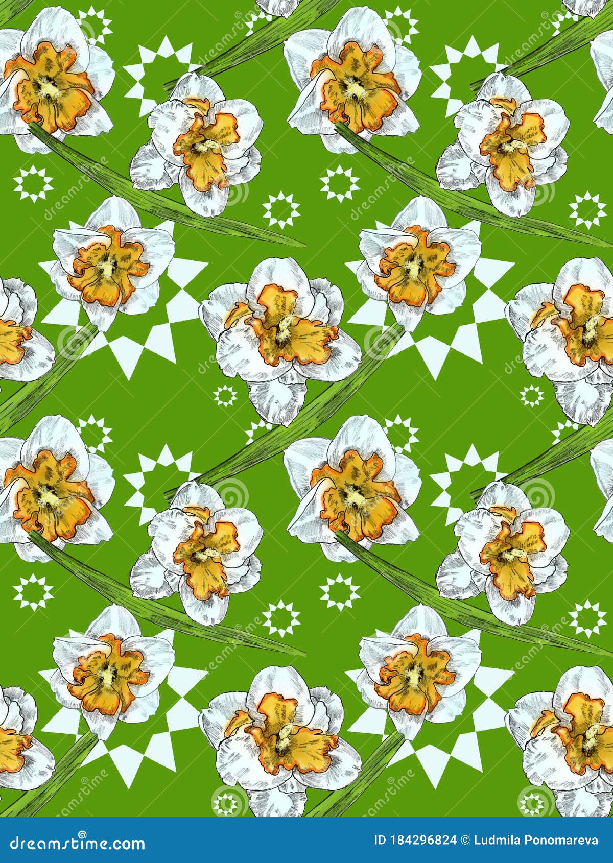 Illustration with Pencil Drawn Daffodils. Spring Theme. Pattern. Stock ...