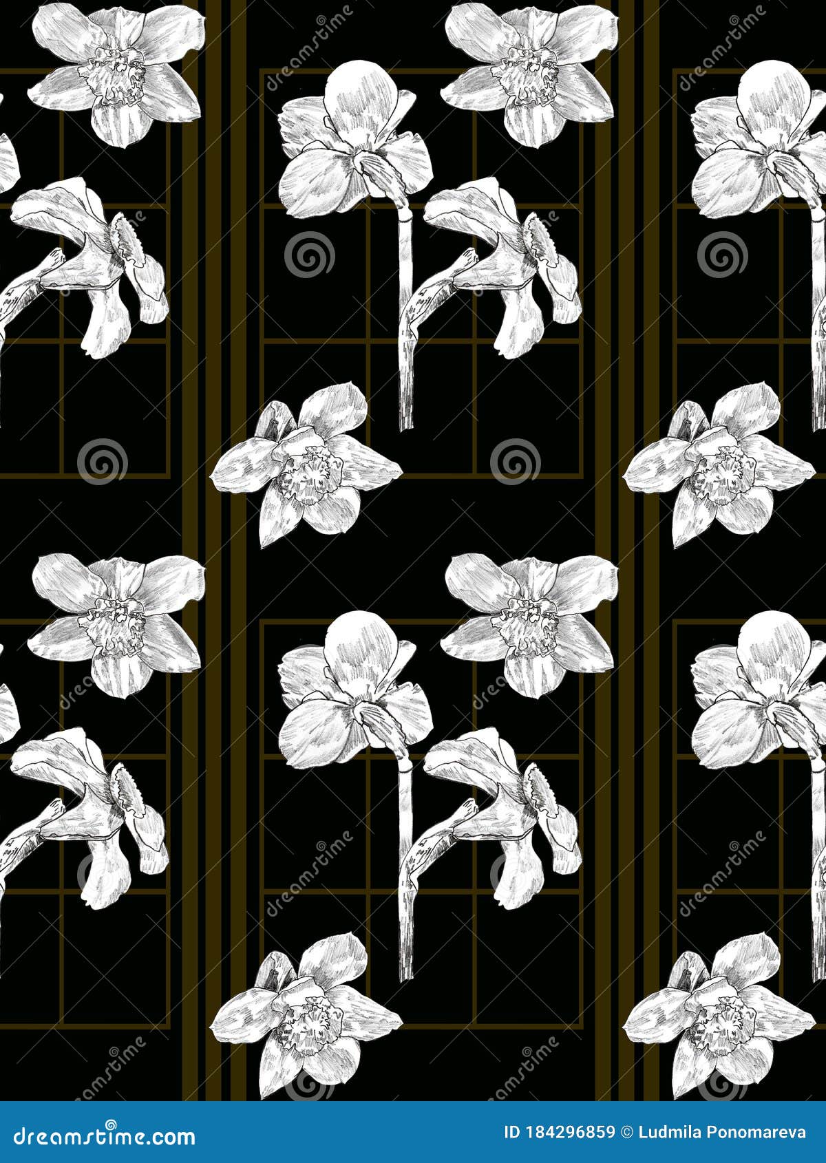 Illustration with Pencil Drawn Daffodils. Spring Theme. Pattern. Stock ...