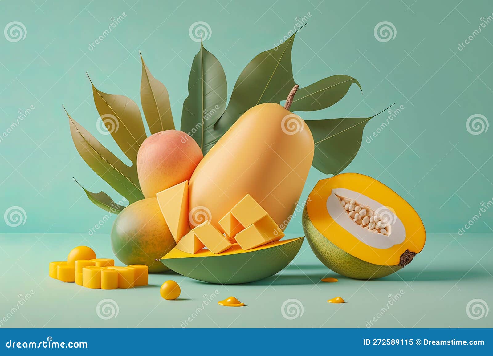 Creative Composition With Mango And Palm Leaves On Pastel Background ...