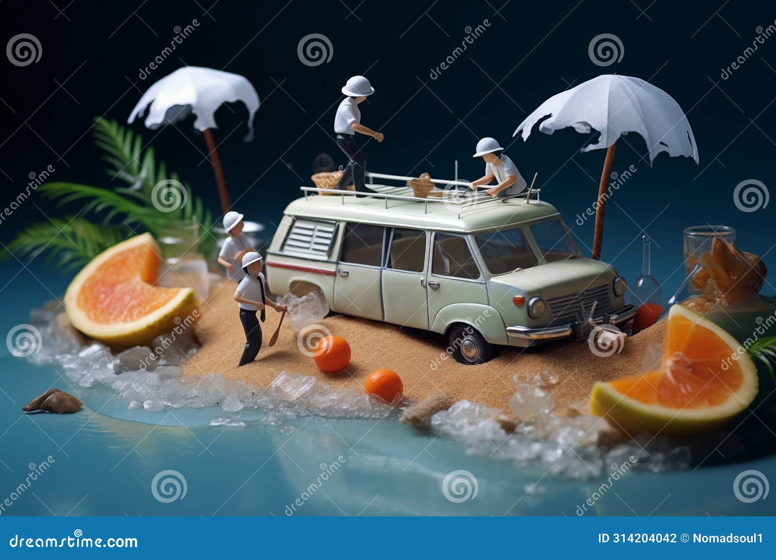 Creative Composition, Model of Car on Island with Four Figures of Man ...