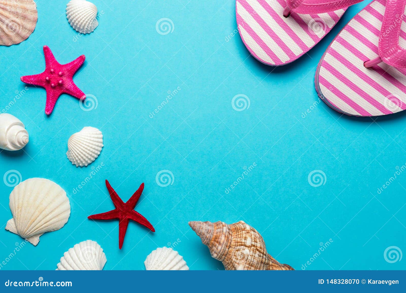 Creative Composition with Seashells and Beach Slippers on Blue ...