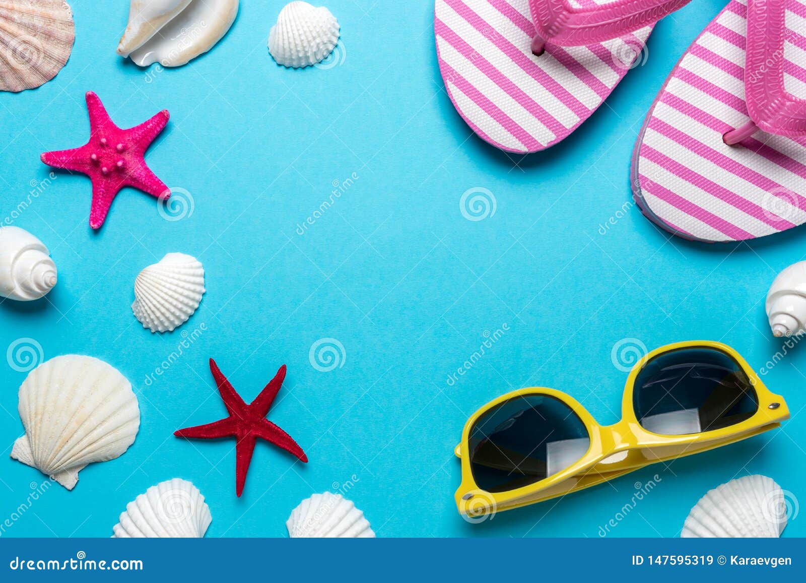Creative Composition with Seashells, Sunglasses and Beach Slippers on ...