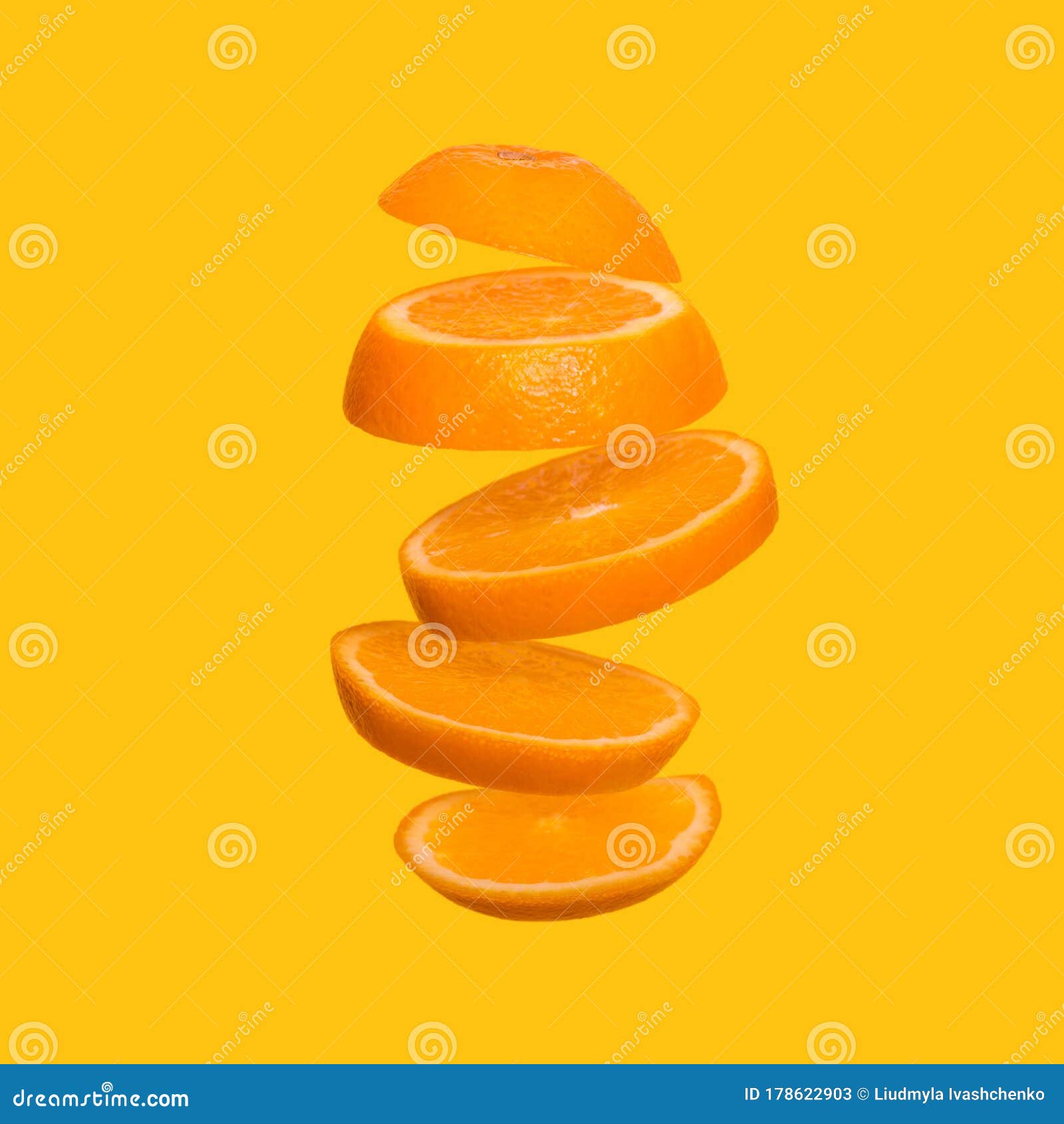 Creative Concept with Flying Orange. Sliced Orange on Yellow Background ...