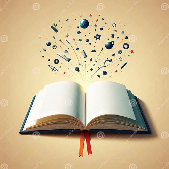 Creative Concept with Open Book and Exploding Icons Stock Illustration ...