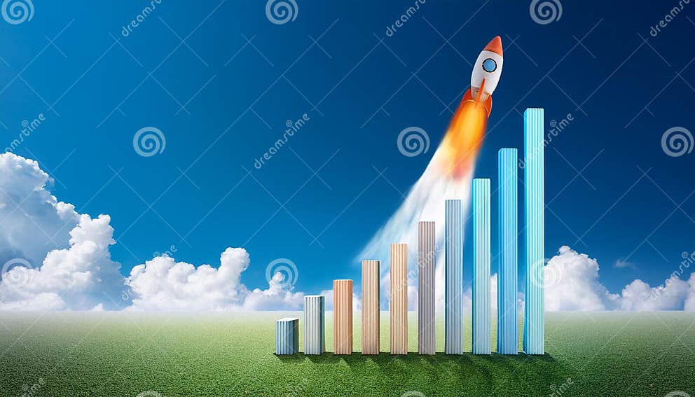 Creative Concept of a Rocket Launching Over a Bar Graph Background ...