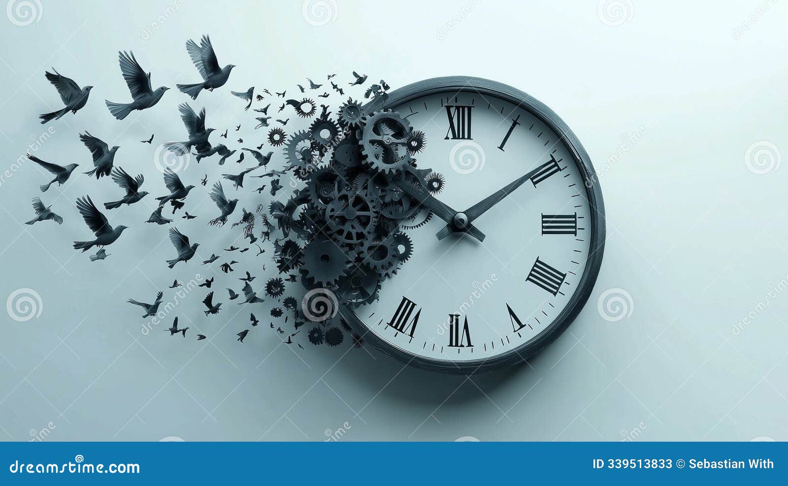 Creative Concept of Time Flying with Gears and Birds Emerging from a ...