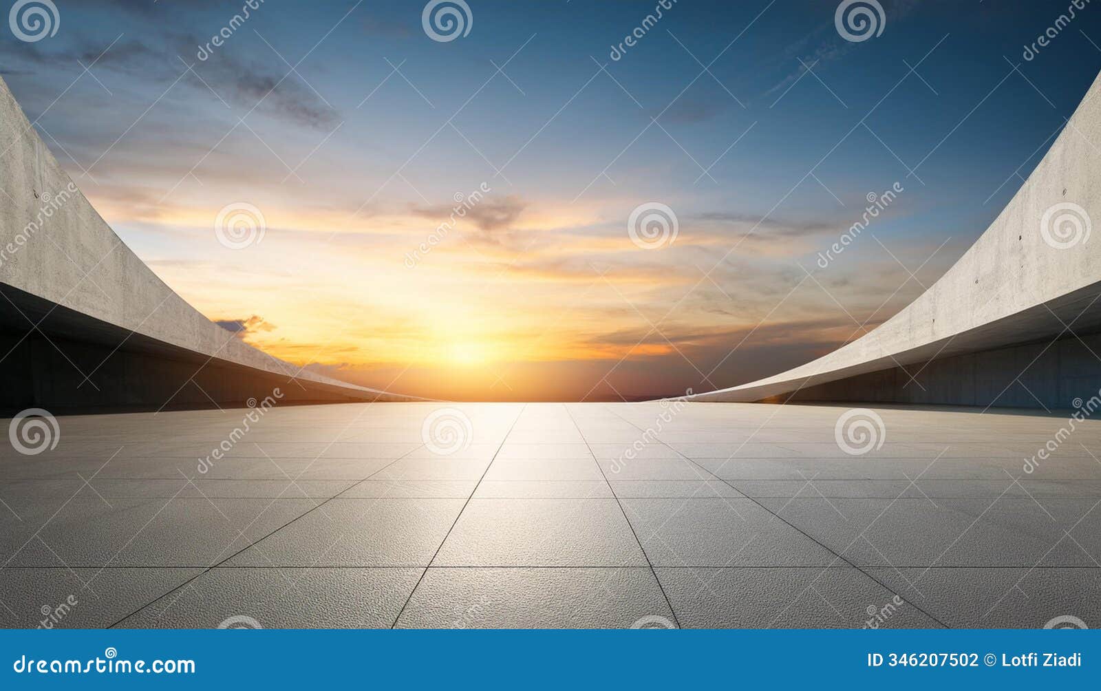 Creative Concrete Exhibition Space with Empty Mock Up Place and Sunset ...