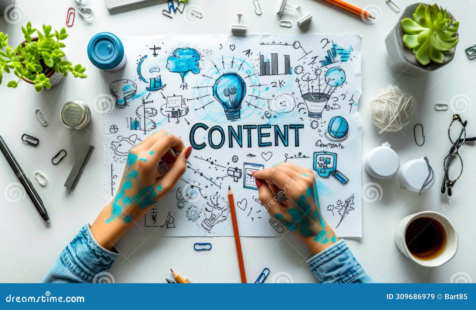 Creative Content Development Process with Hands Writing and Drawing ...