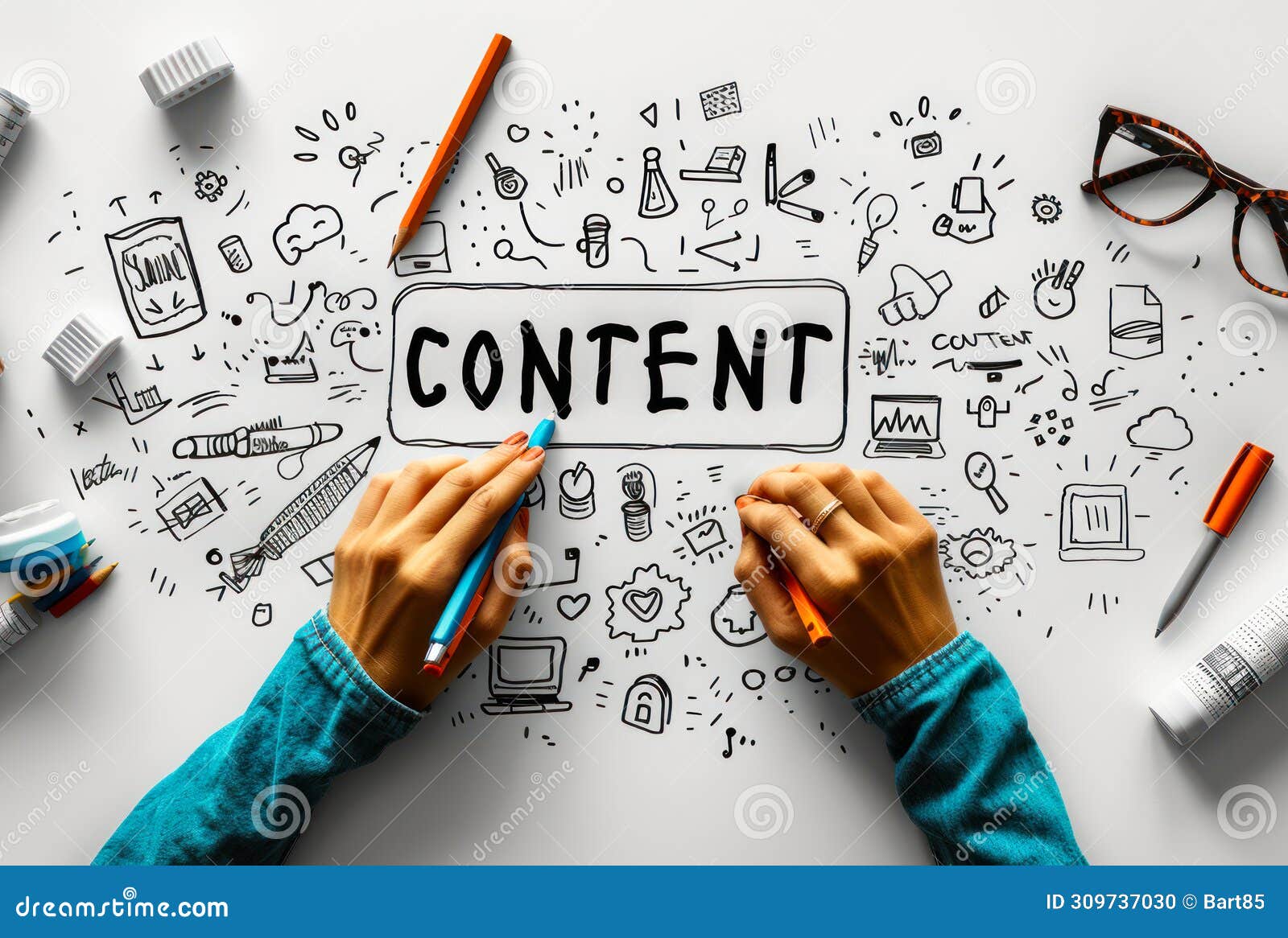 Creative Content Development Process with Hands Writing and Drawing ...