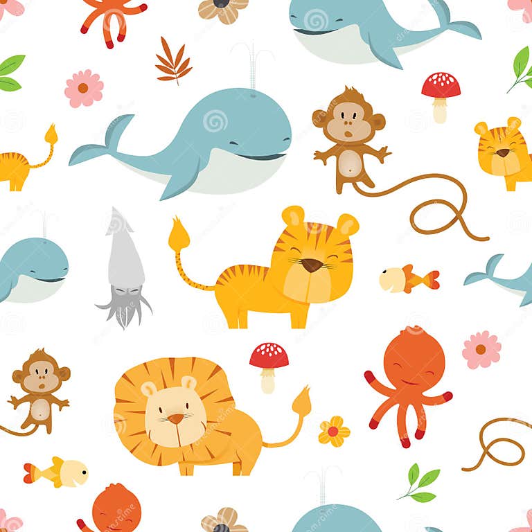 Creative Cute Wild Animals Vector Pattern Stock Vector - Illustration ...