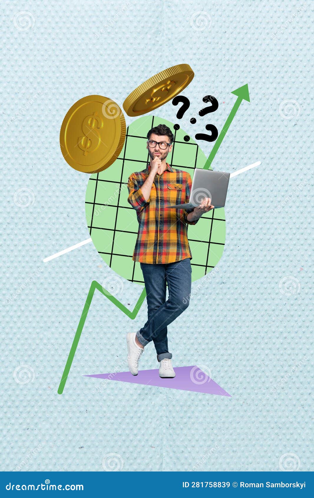 Creative 3d Collage Image of Unsure Doubtful Guy Thinking Earning Cash ...