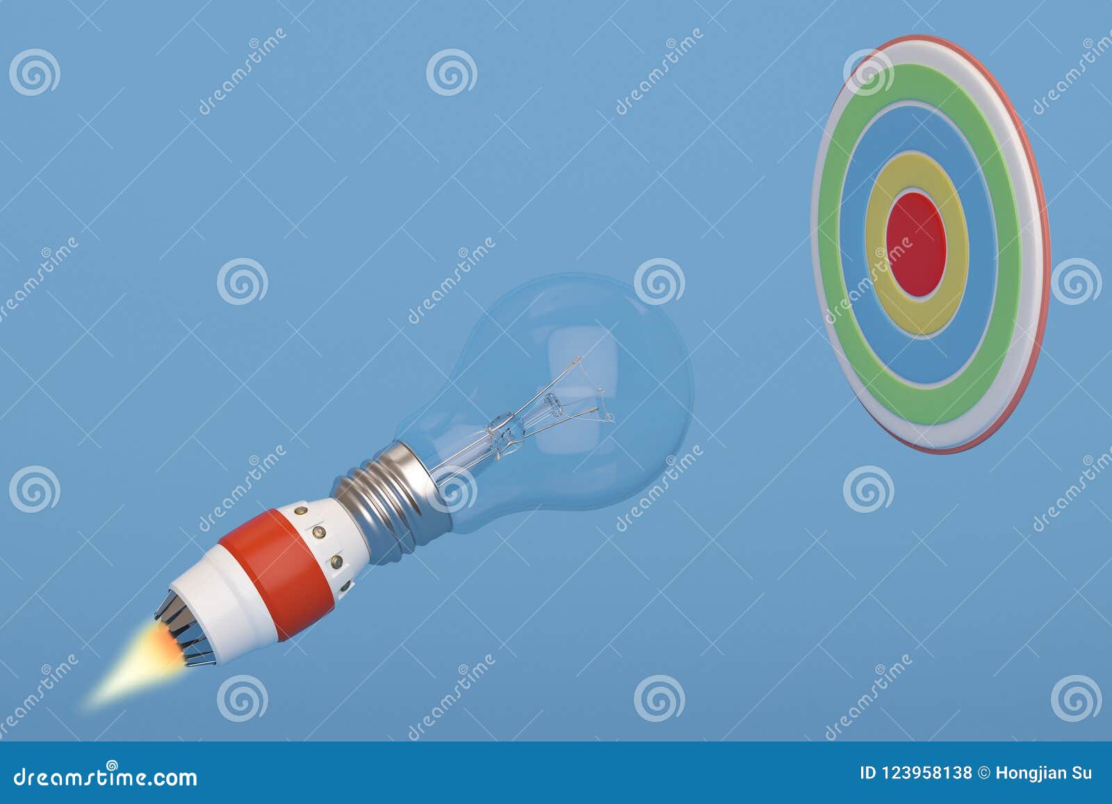 Creative 3D Illustration Rocket and Bulb on Blue Background. Stock ...