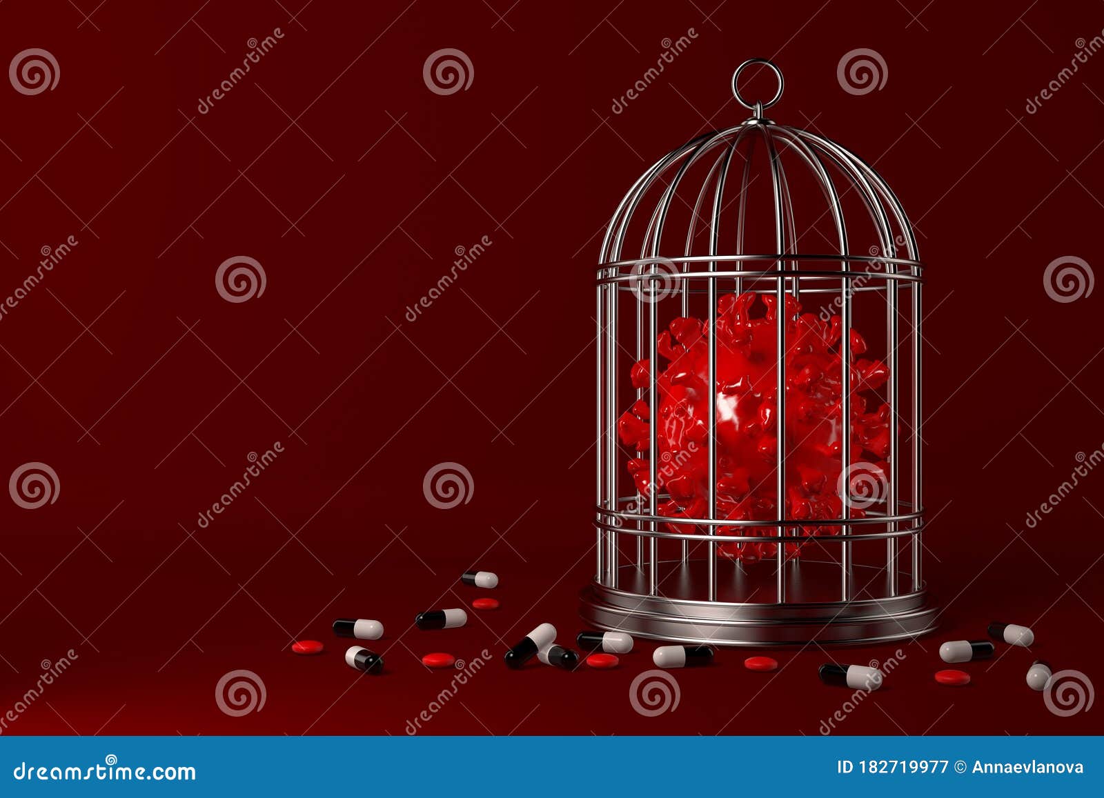 Creative 3d Render Illustration of a Virus Cell in a Cage among Tablets ...