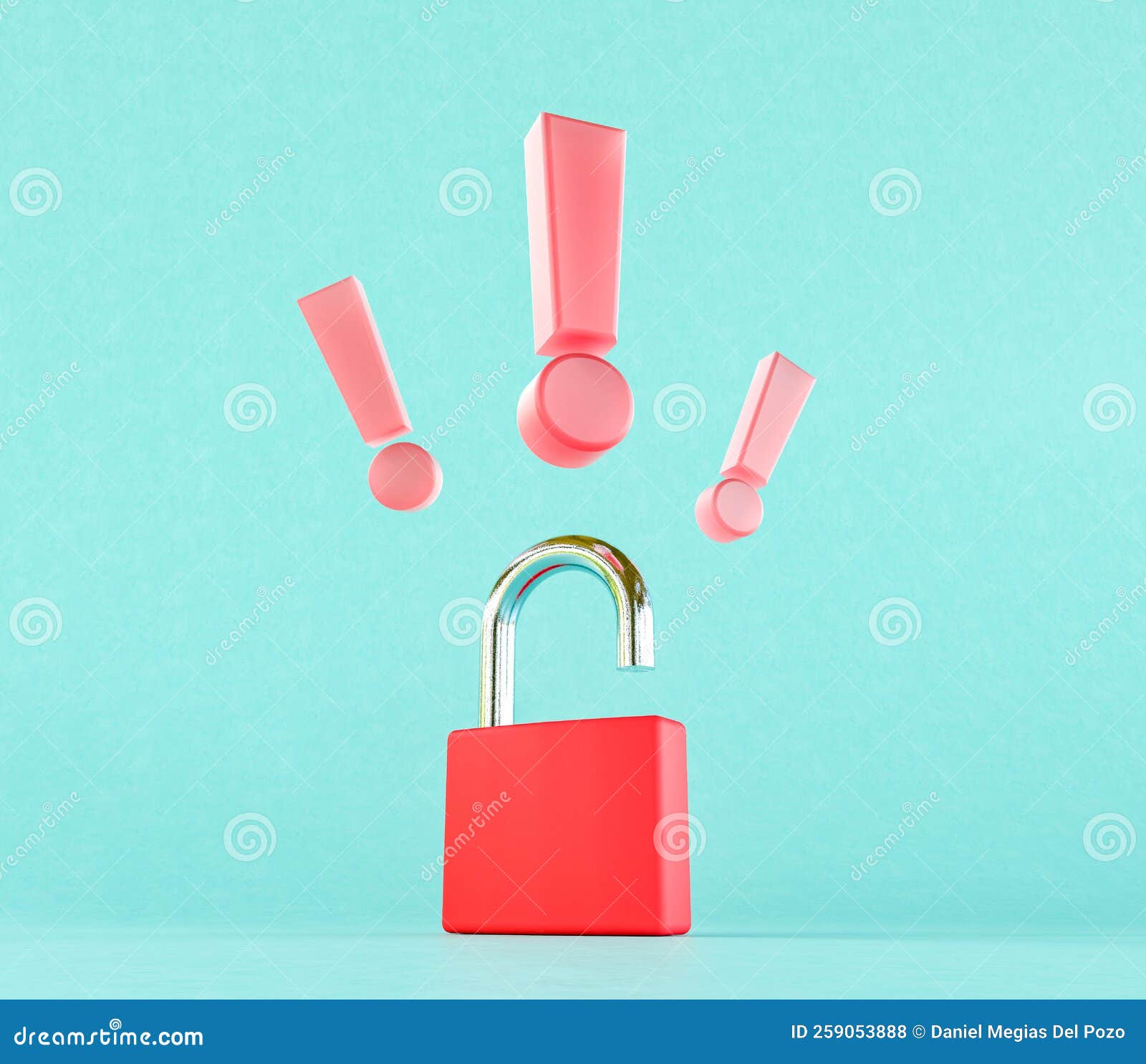 Exclamation Points Levitating Over Lock in Blue Studio. 3d Render Stock ...