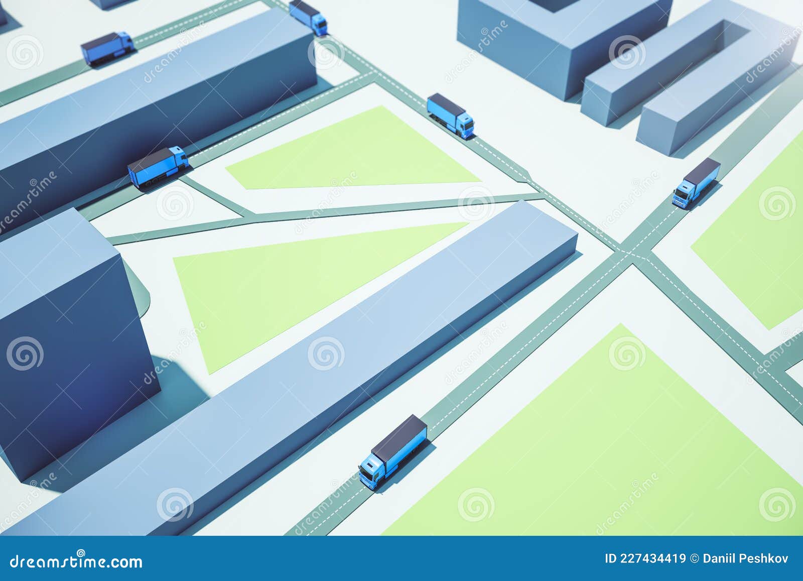 Creative 3D Rendering Route with Blue Truck Vehicles. Stock ...