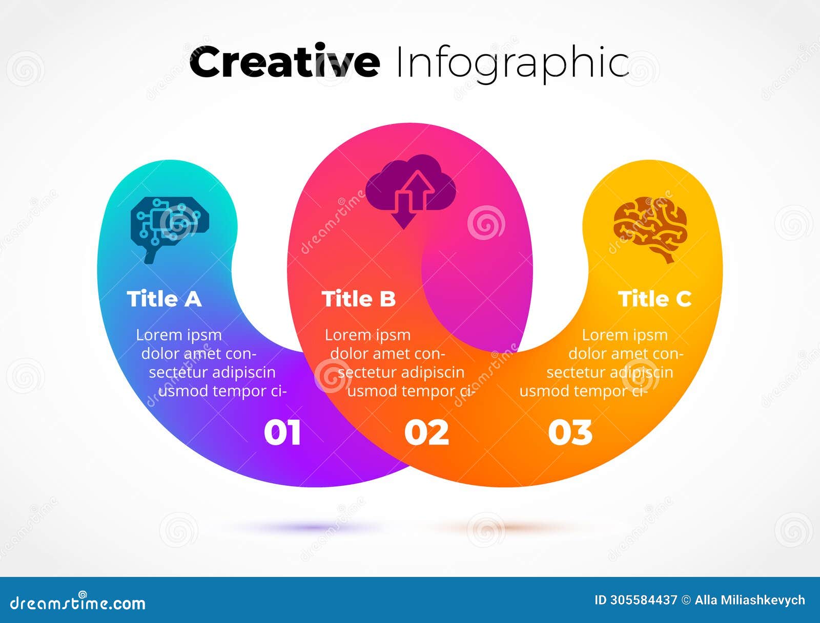 Creative 3D United Infographic. Abstract Vector Fluid Ribbon. Brain ...