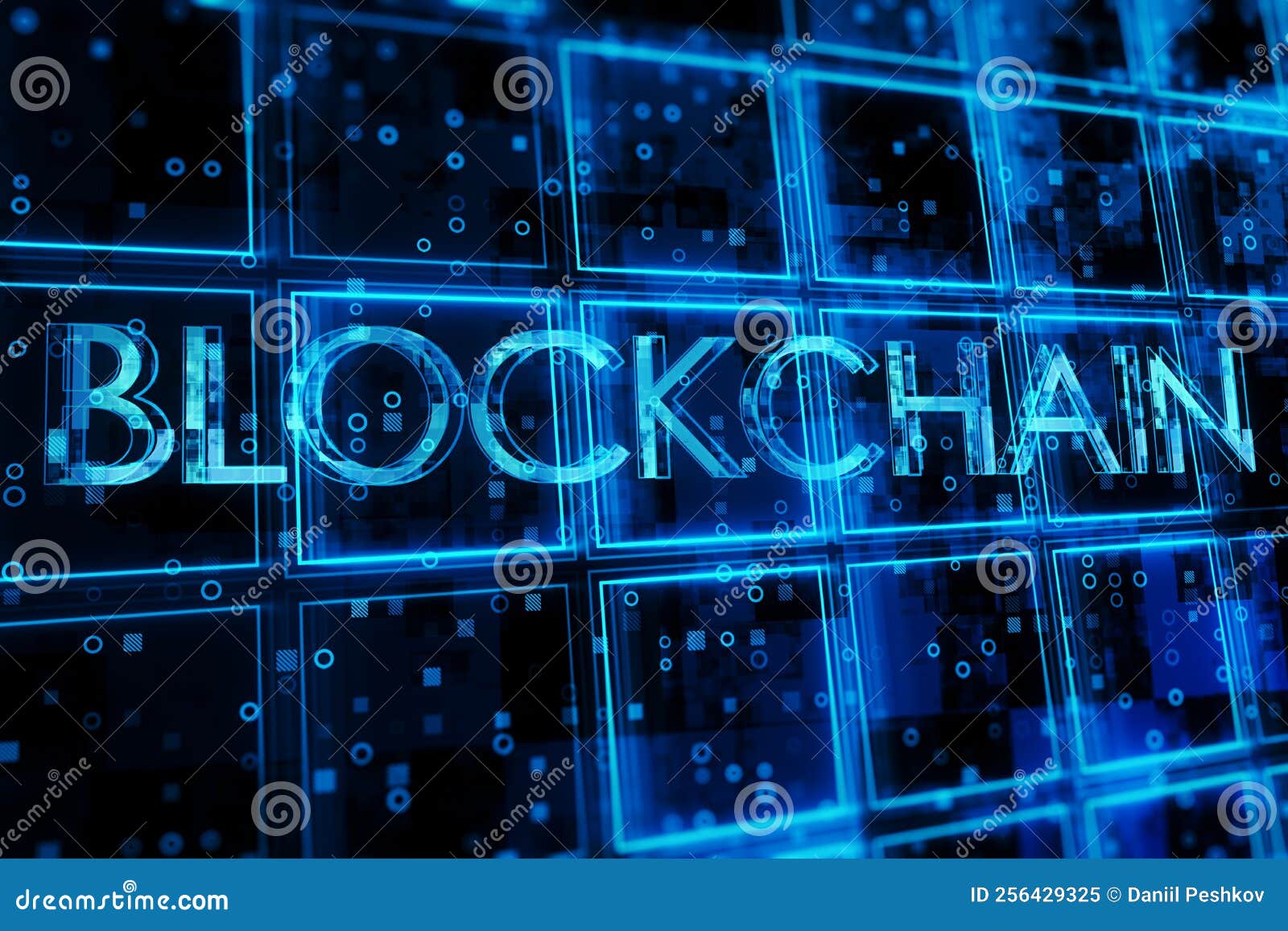 Creative Dark Blue Cubes Backdrop with Blockchain Text Hologram ...