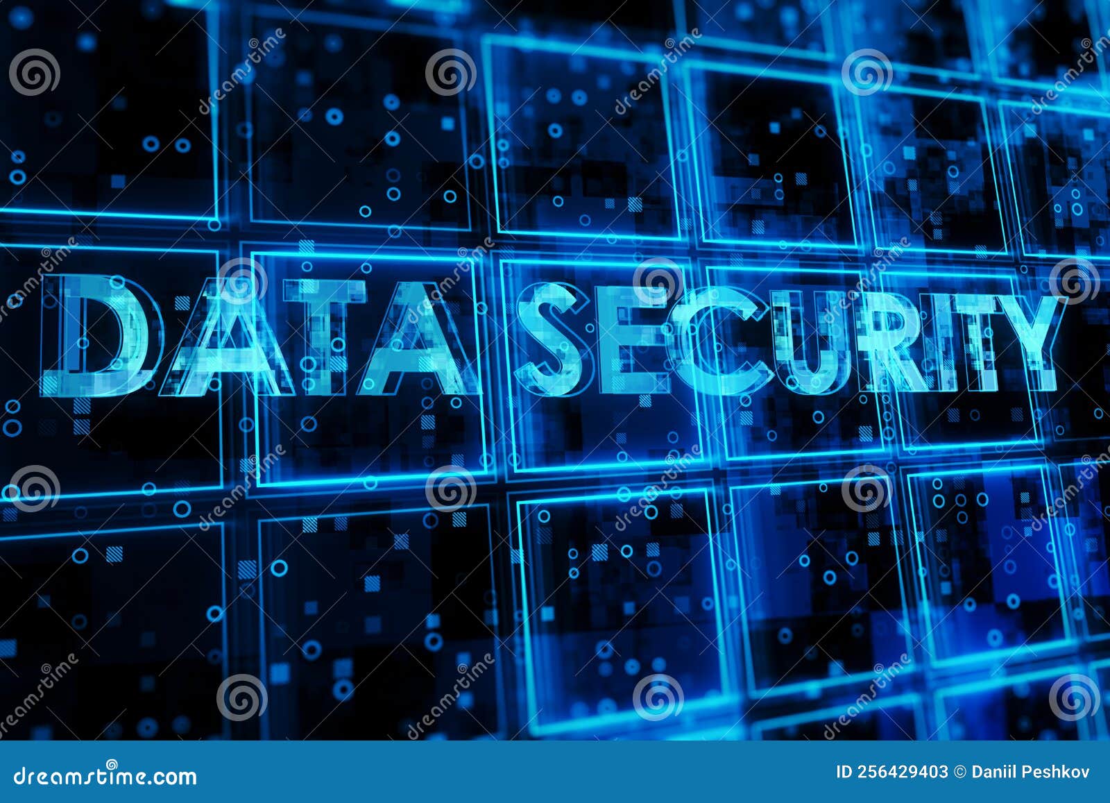 Creative Dark Blue Cubes Backdrop with Data Security Text Hologram ...
