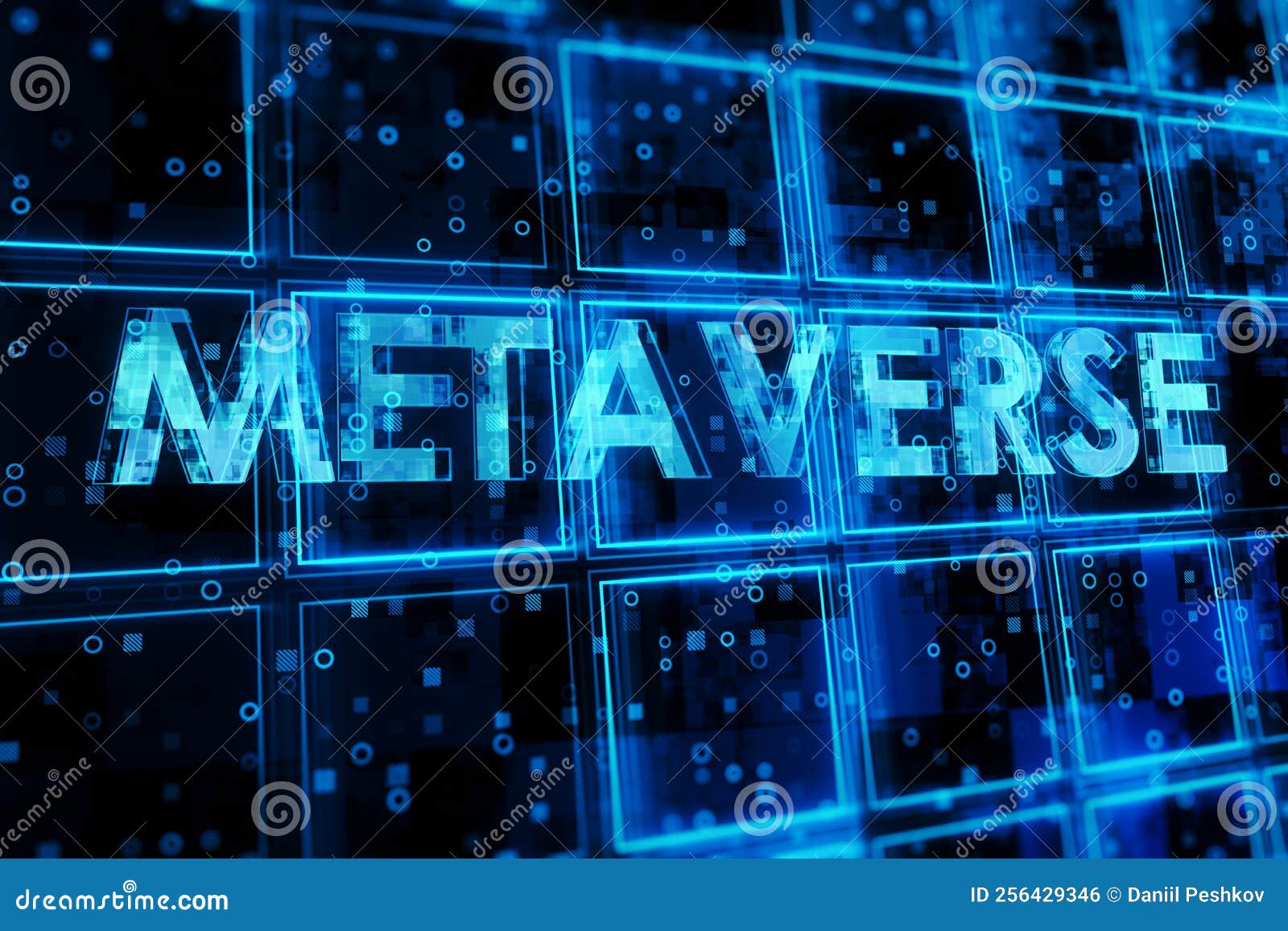 Creative Dark Blue Cubes Backdrop with Metaverse Text Hologram ...