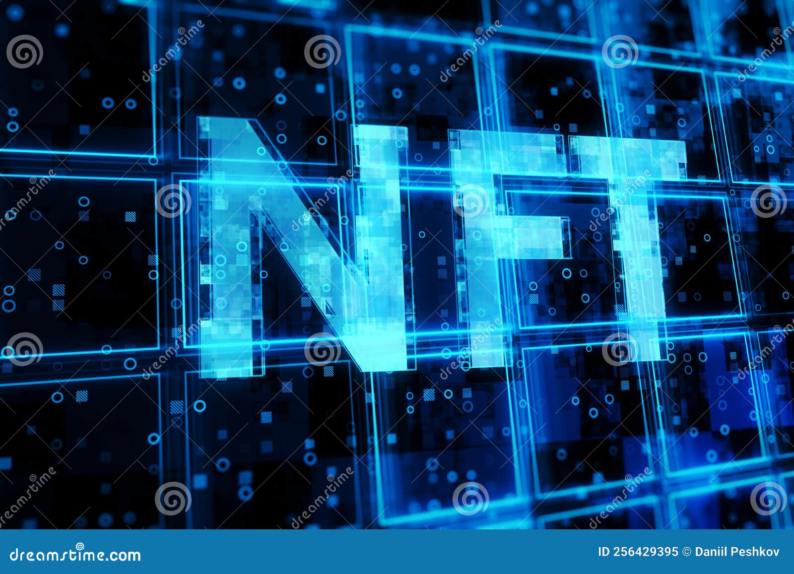 Creative Dark Blue Cubes Backdrop with NFT Text Hologram. Technology ...