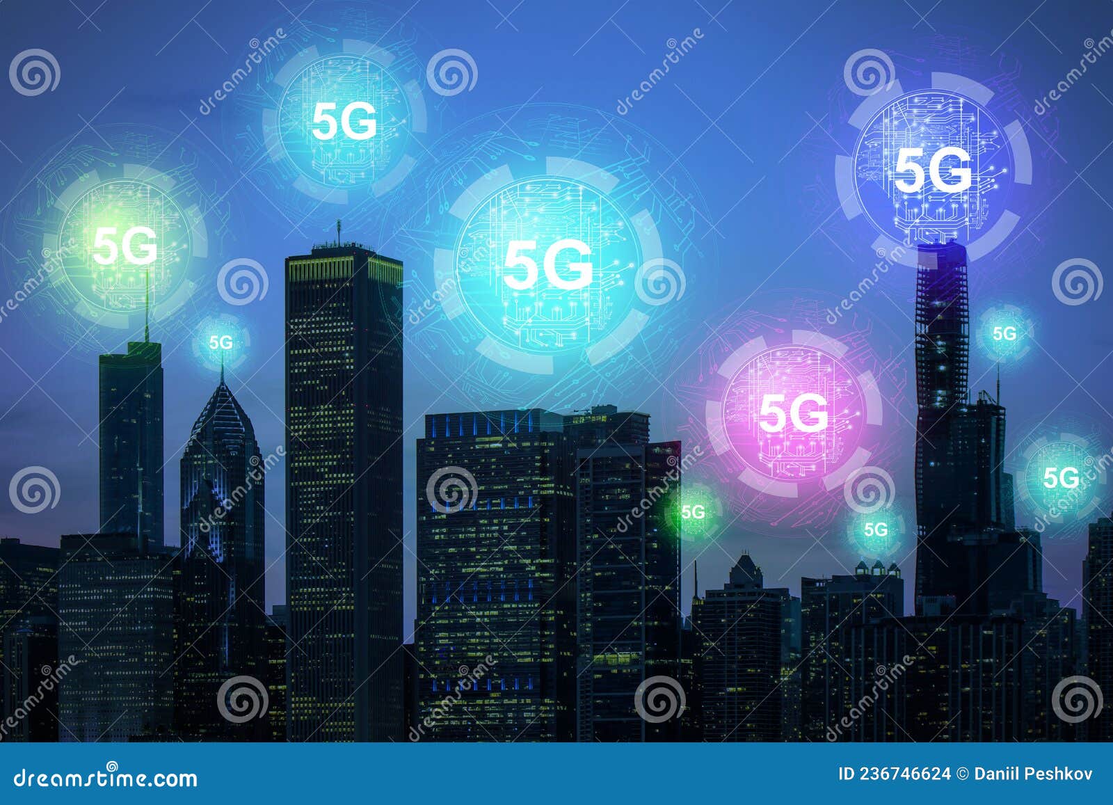Creative Dark Night City Backdrop with Glowing 5G Circuit Hologram ...