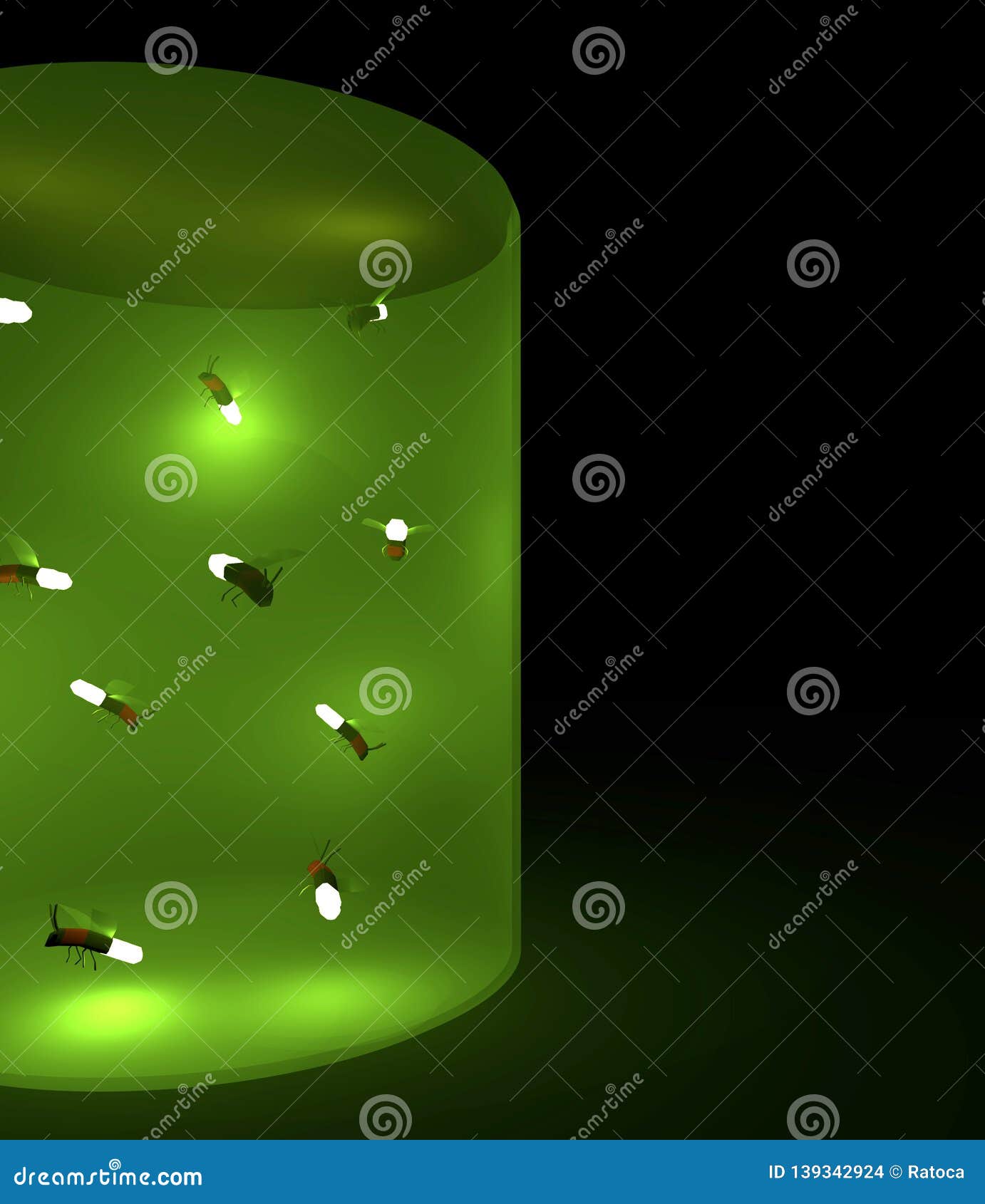 3D Rendering Fireflies in Crystal Bottle Stock Illustration ...