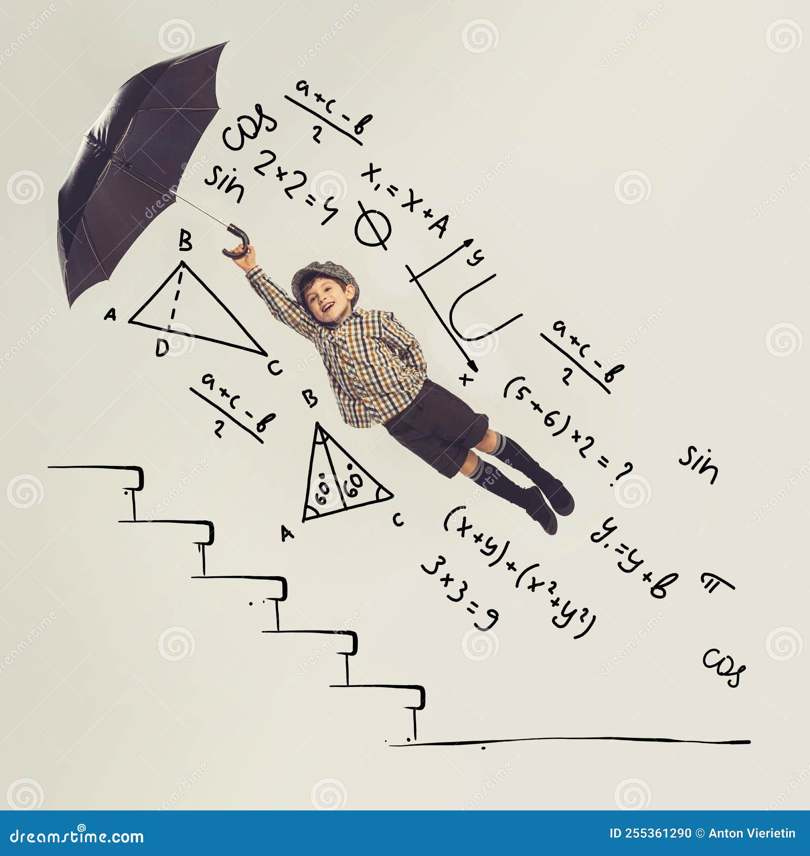 Creative Design with Drawn Elements. Little Boy, Child Flying with ...