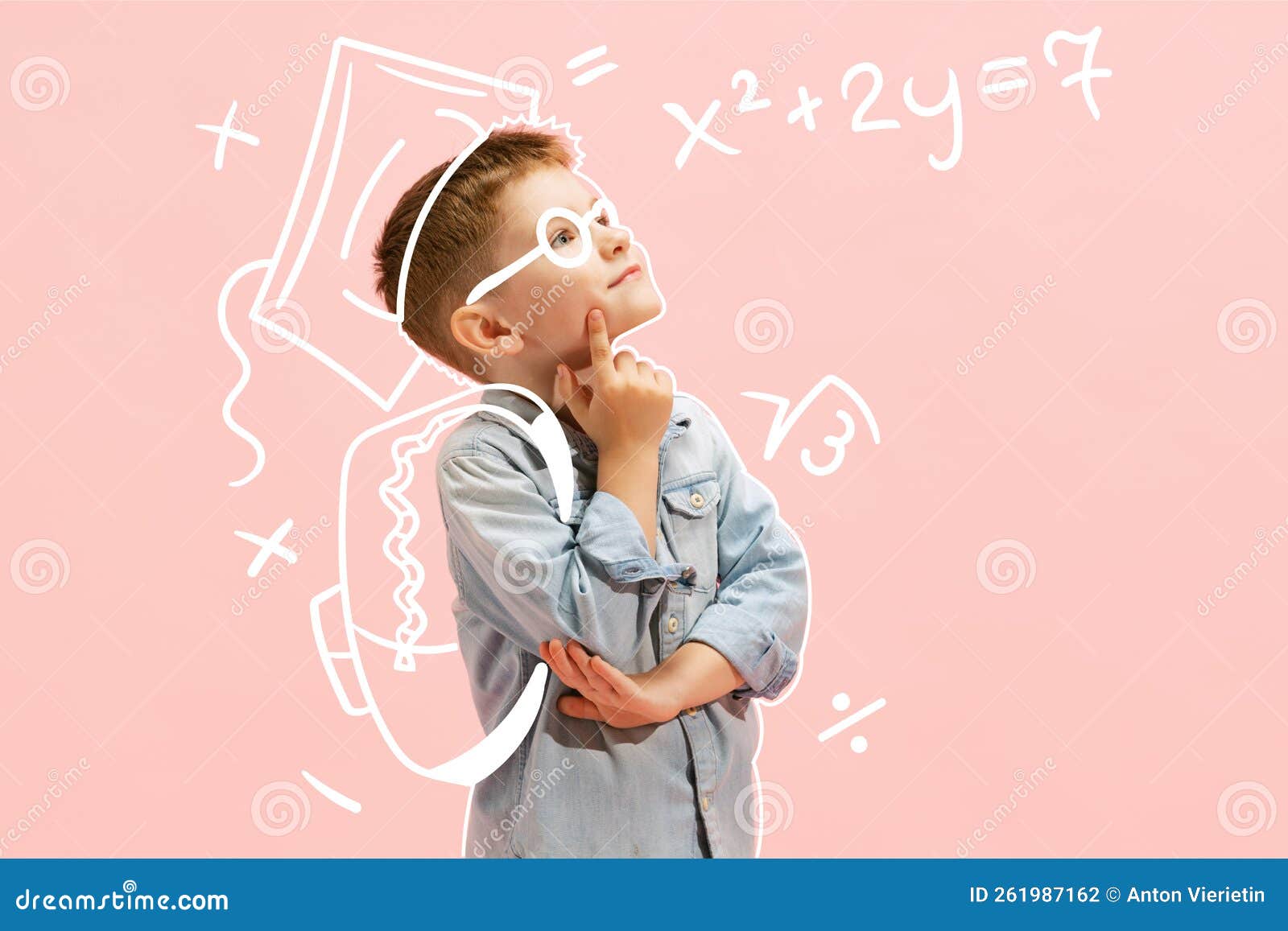 Creative Design with Drawn Elements. Little Thoughtful Boy Counting ...