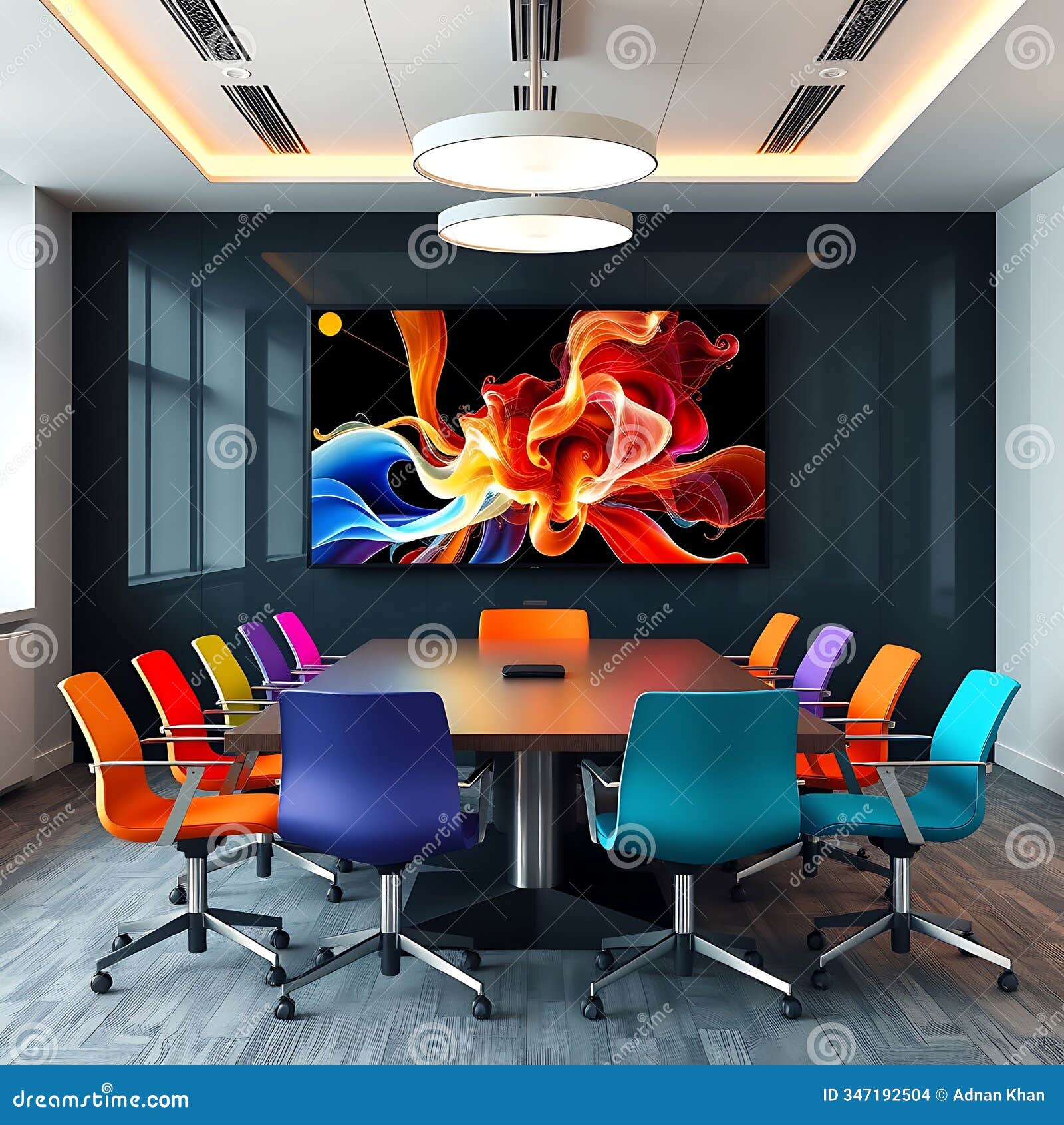 A Creative Design Office Conference Table with Colorful Chairs a Large ...
