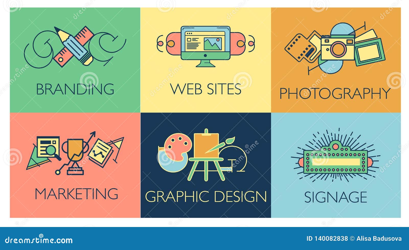 Creative Design Process Concept with Web Studio Development Elements. Flat Line Icons Modern ...