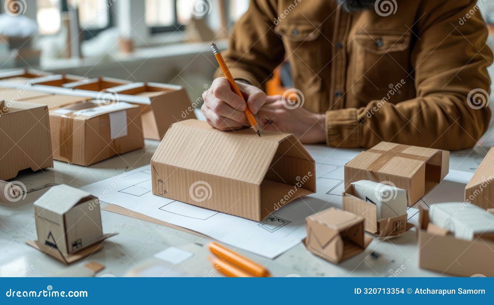 Creative Designer Sketching Packaging Concept on Brown Cardboard with ...