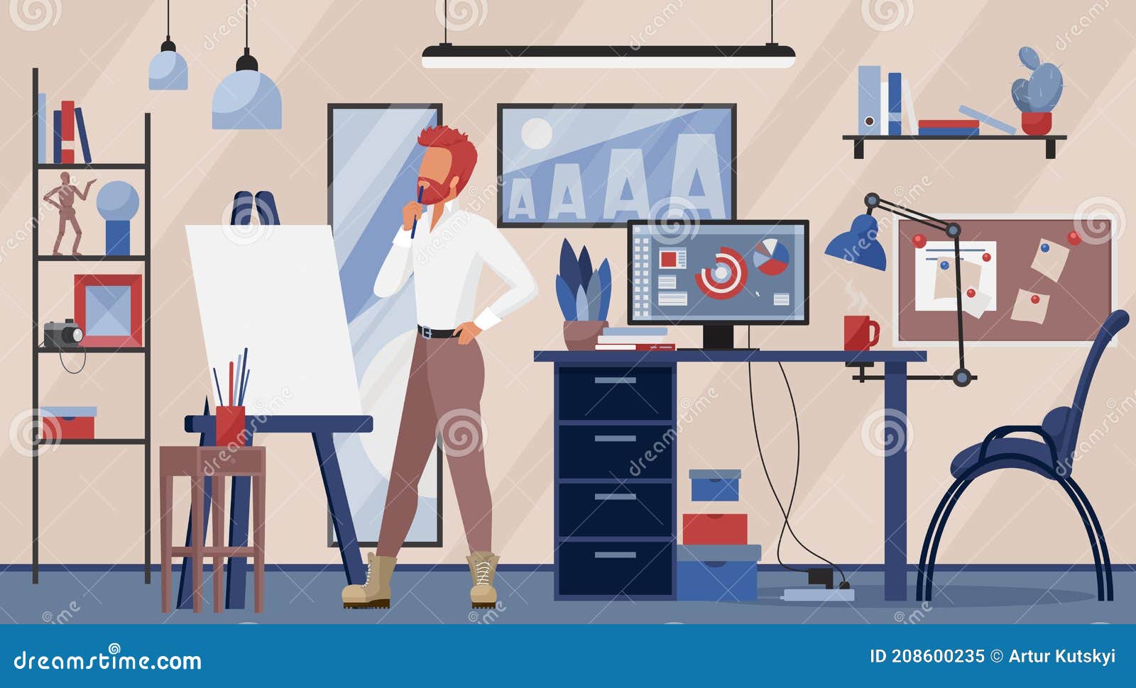 Creative Designer Studio Workplace, Cartoon Man Illustrator Standing at ...