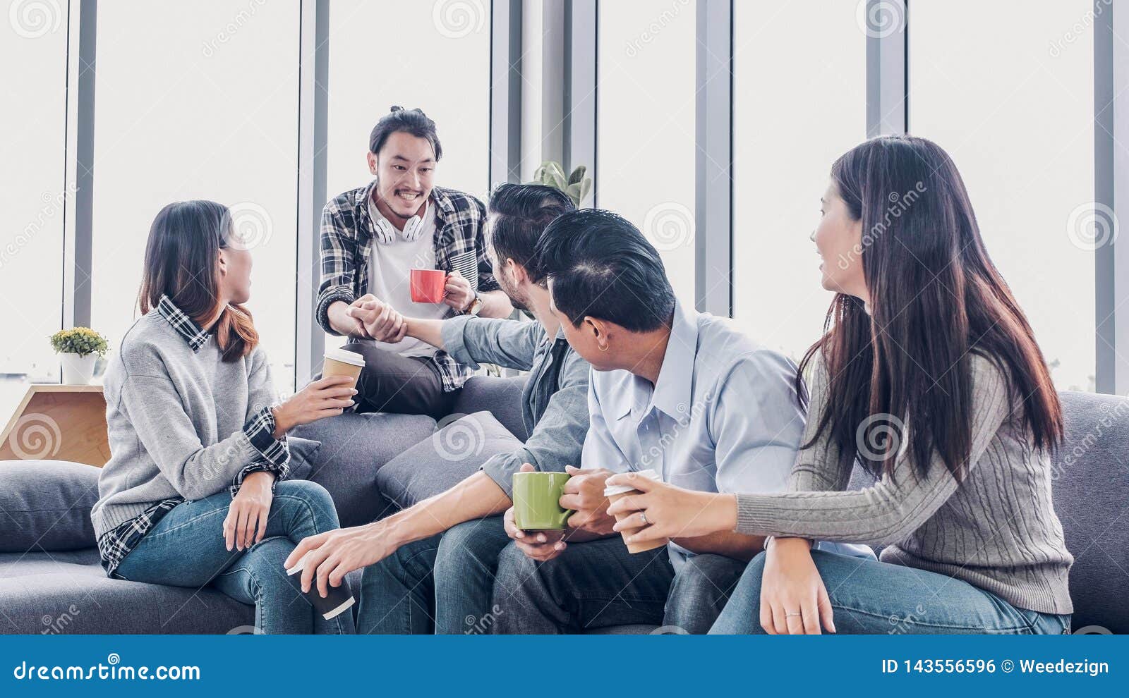 Creative Designer Take Coffee Break at Office Cafeteria. Multiethnics ...