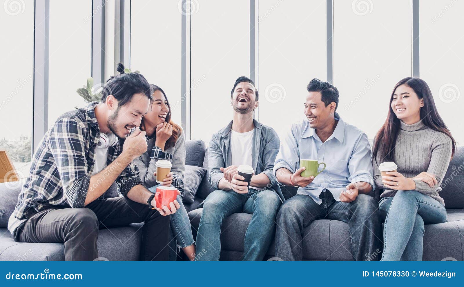 Creative Designer Take Coffee Break at Office Cafeteria. Multiethnics ...