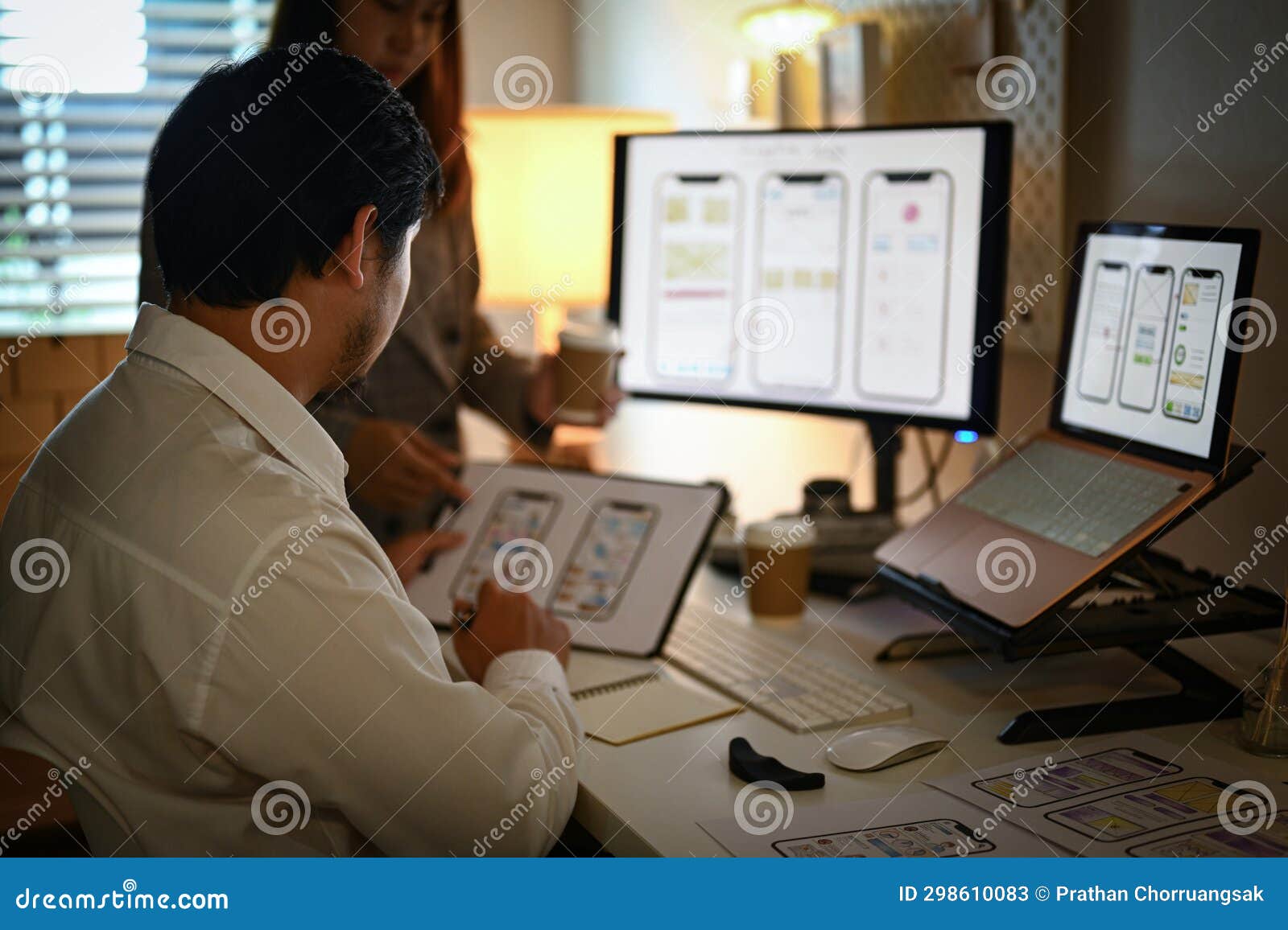 Creative Designer Working on Development Project for Mobile Application at Home Office Stock ...