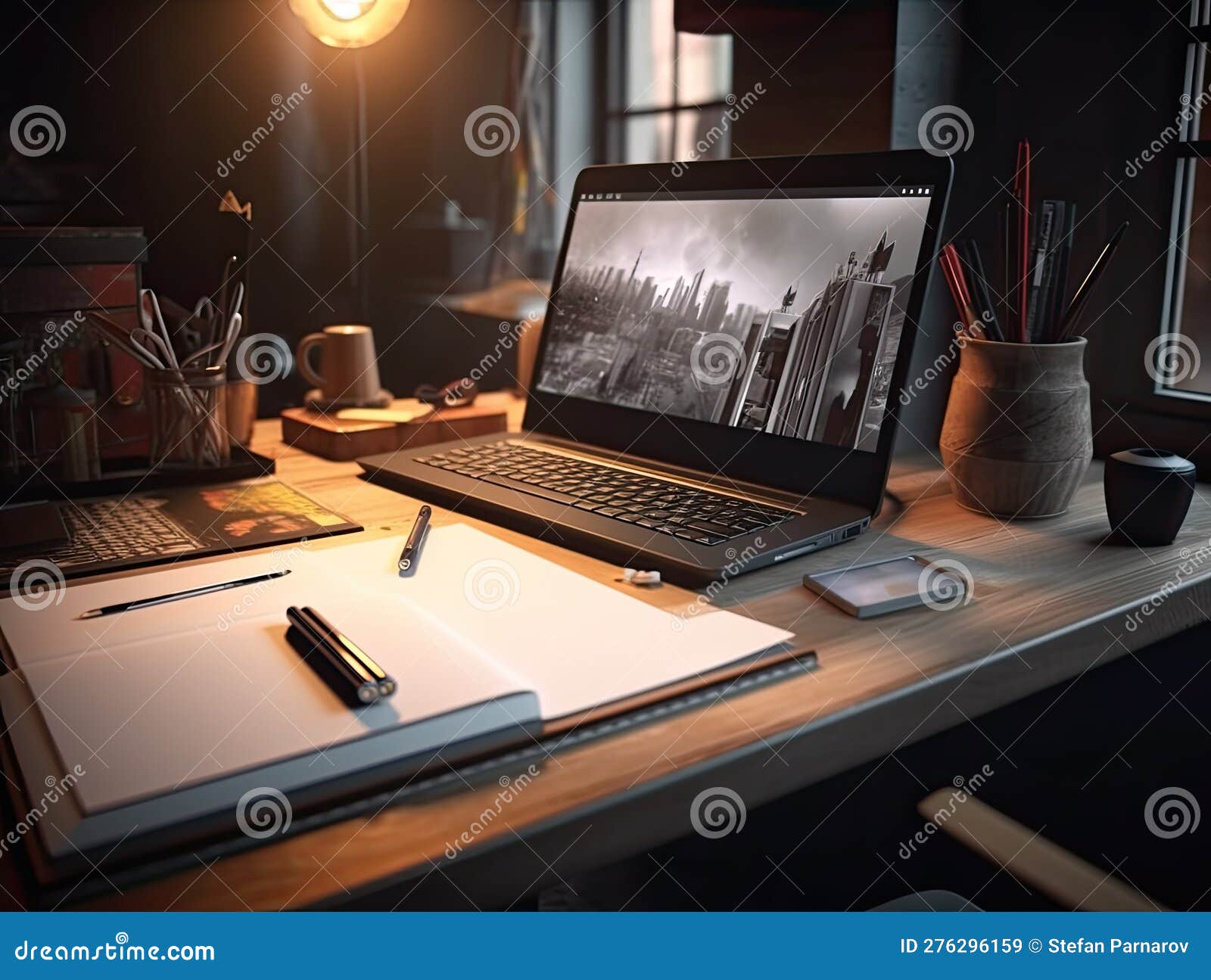 Creative Designer Workspace with Laptop Drawing Accessories, Ai ...
