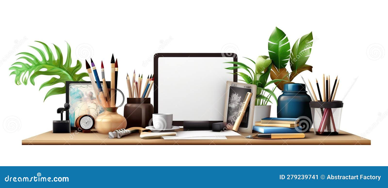 Creative Desk with a Blank Picture Frame or Poster, Desk Objects. Ai ...