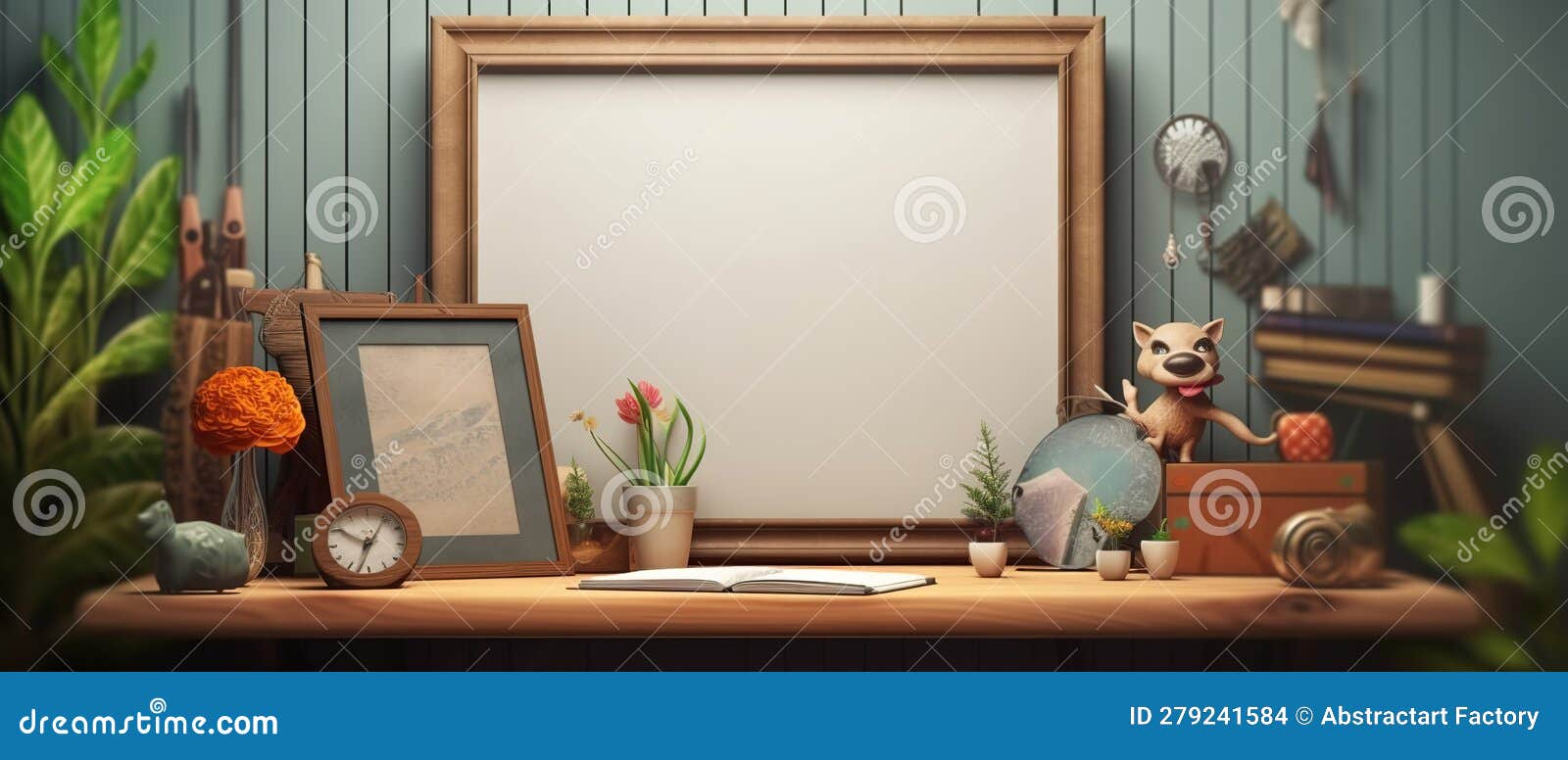 Creative Desk with a Blank Picture Frame or Poster, Desk Objects. Ai ...